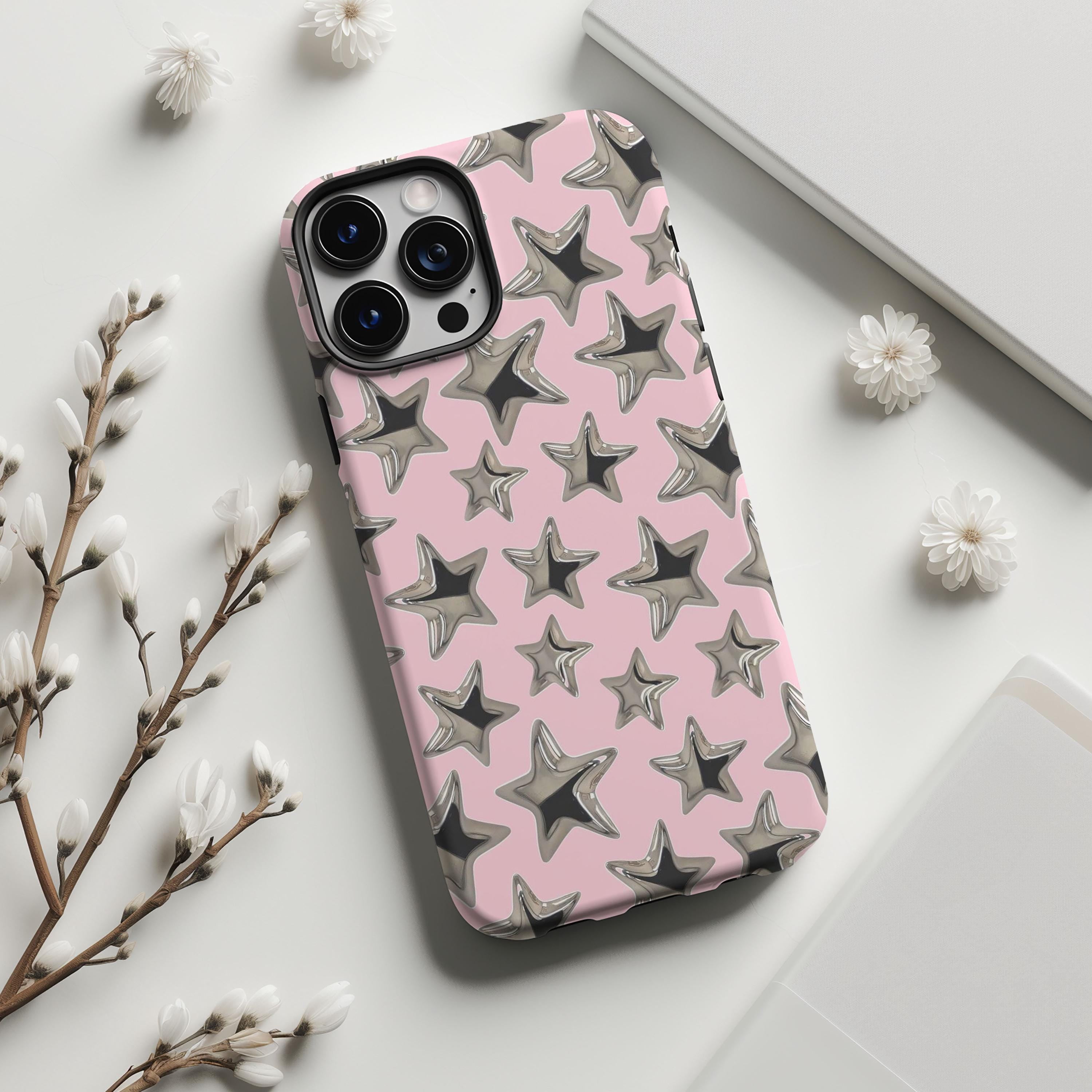 Chrome Star Phone Case with Pink Metal Y2K Pattern 17 11 12 13 14 15 16 ...
