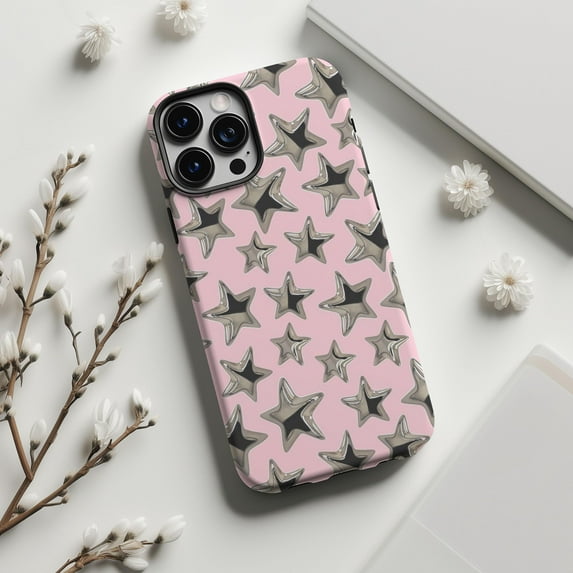 Chrome Star Phone Case with Pink Metal Y2K Pattern 17 11 12 13 14 15 16 ...