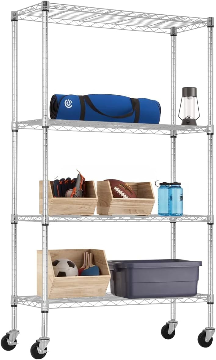 Chrome Storage Shelves, 4-Tier Wire Shelving with Wheels Adjustable ...