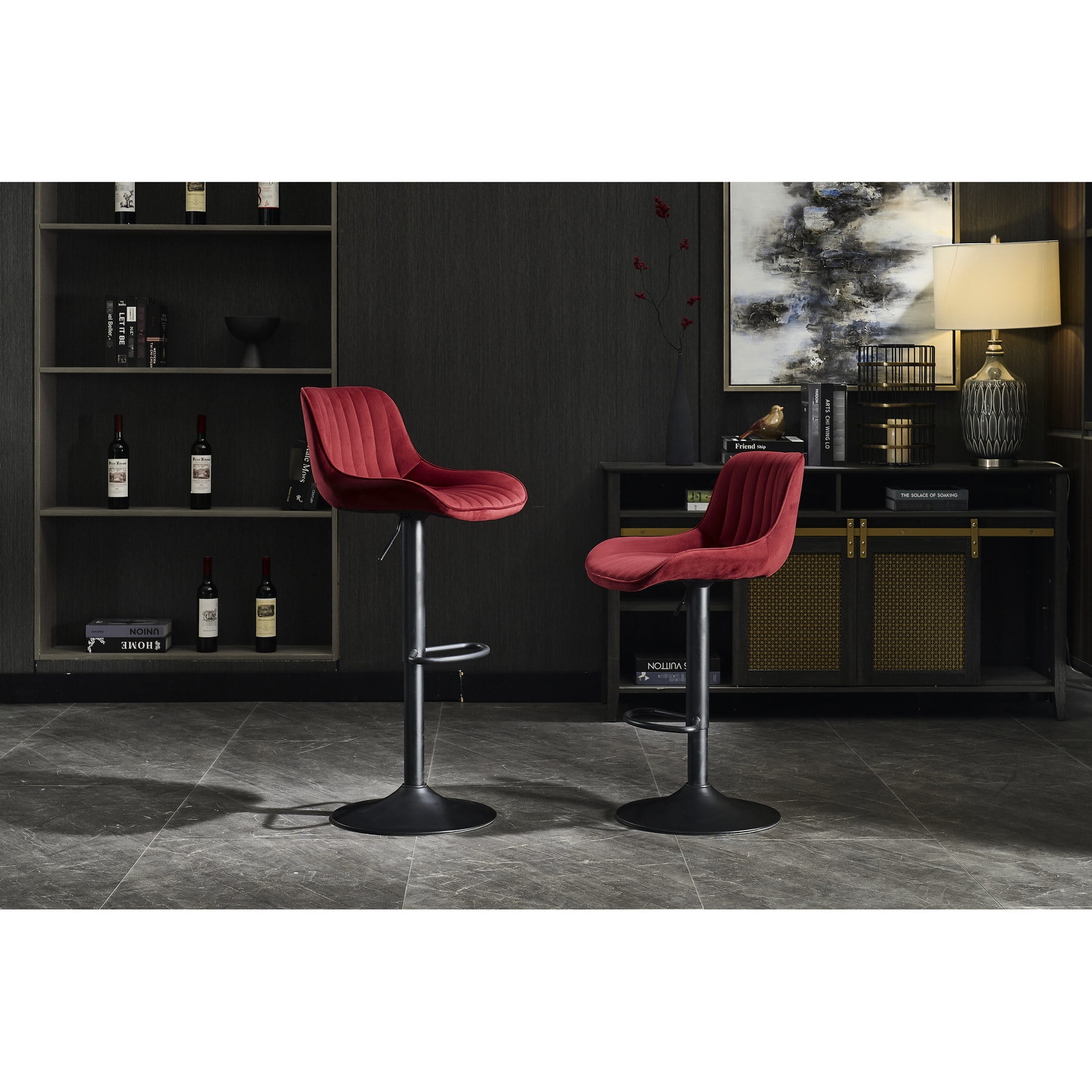 Chrome Swivel Height-Adjustable Red Velvet Bar Stools Set of 2 - Ideal ...
