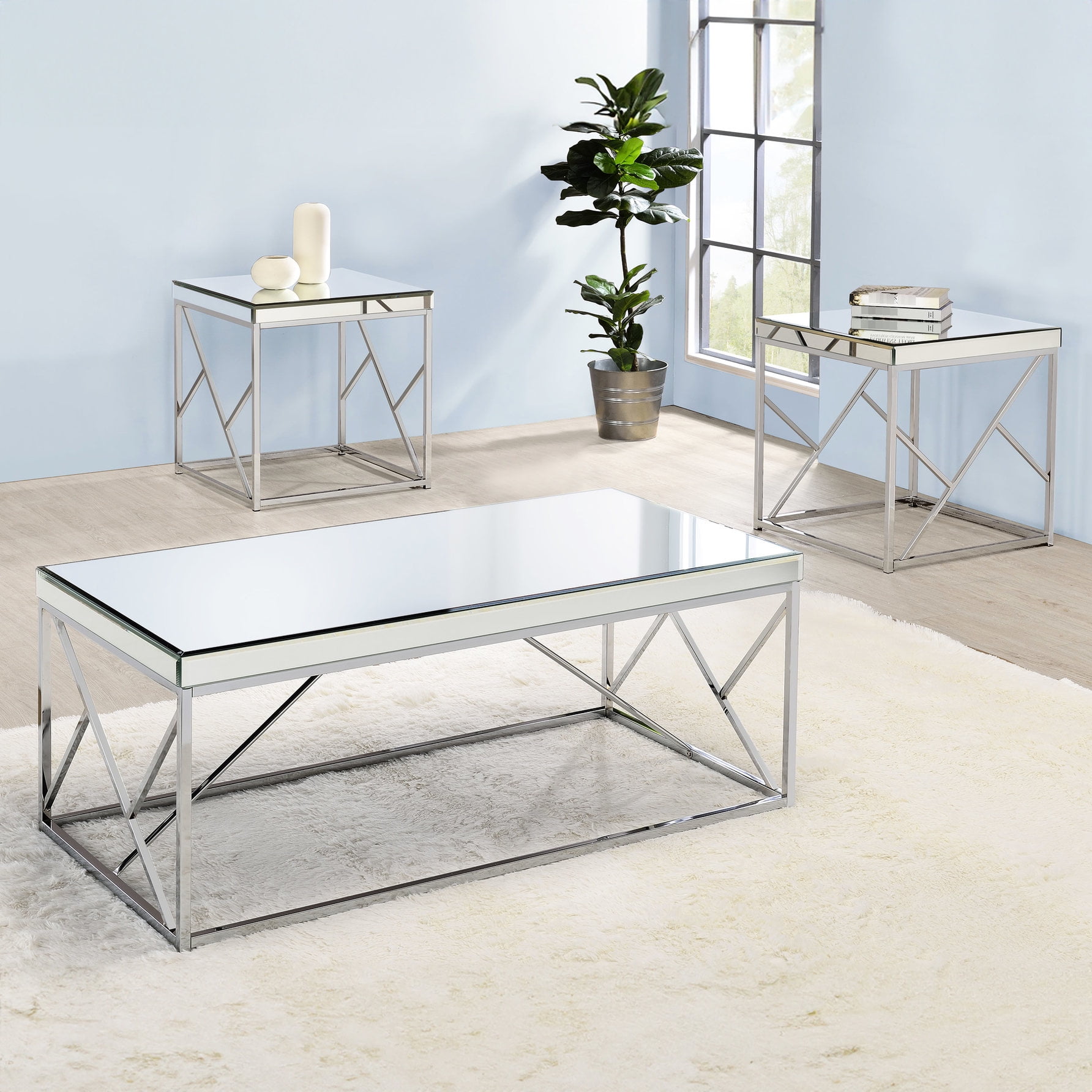 Chrome finish 3 - piece iron table / For cozy reading nooks / Provides ...