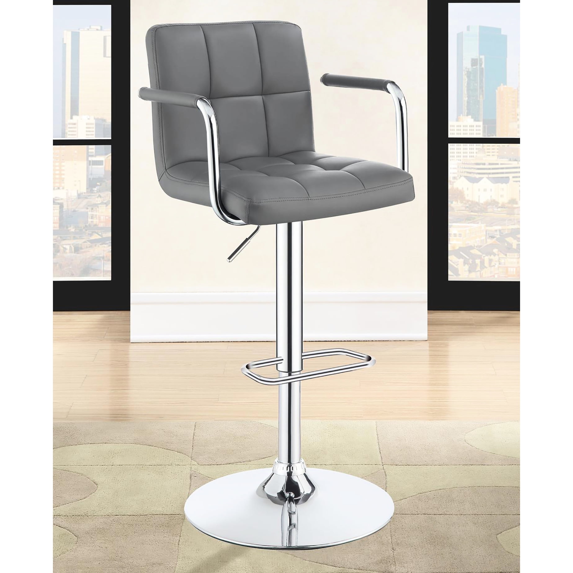 Chrome - finished Grey Bar Stool with Square Tufting and Plush Seat ...