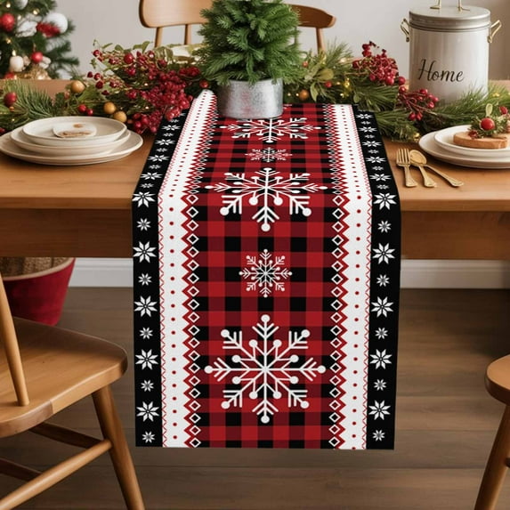 Chrsitmas Snowflake Cotton Linen Table Runner Winter Snow Red Plaid ...
