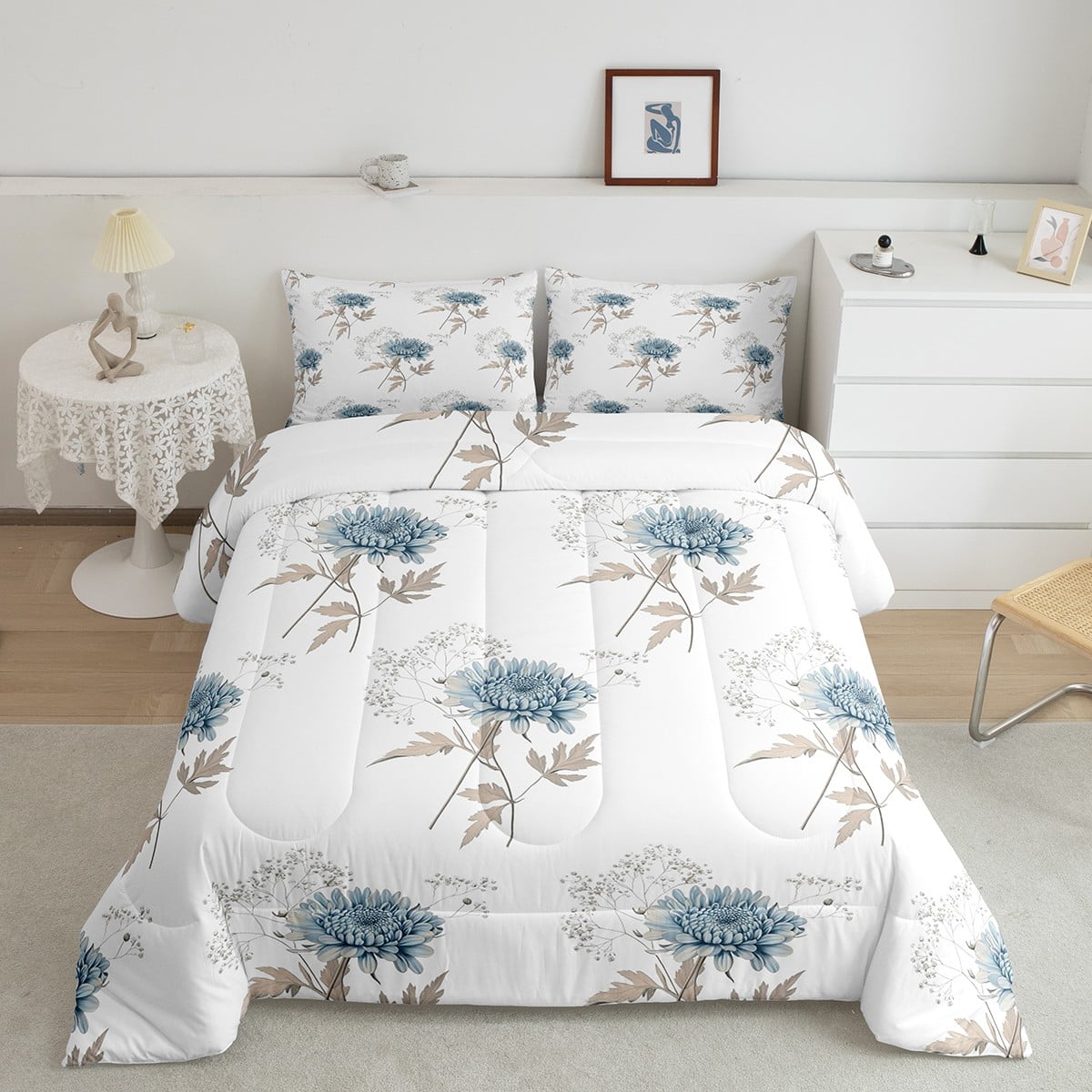 Chrysanthemum Comforter Set Twin Size,Rustic Blue Flowers Botanical ...
