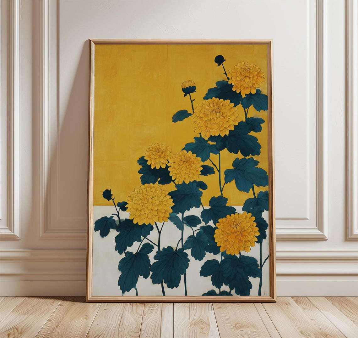 Chrysanthemum Floral Poster Yellow Wall Art Japanese Botanical Art ...