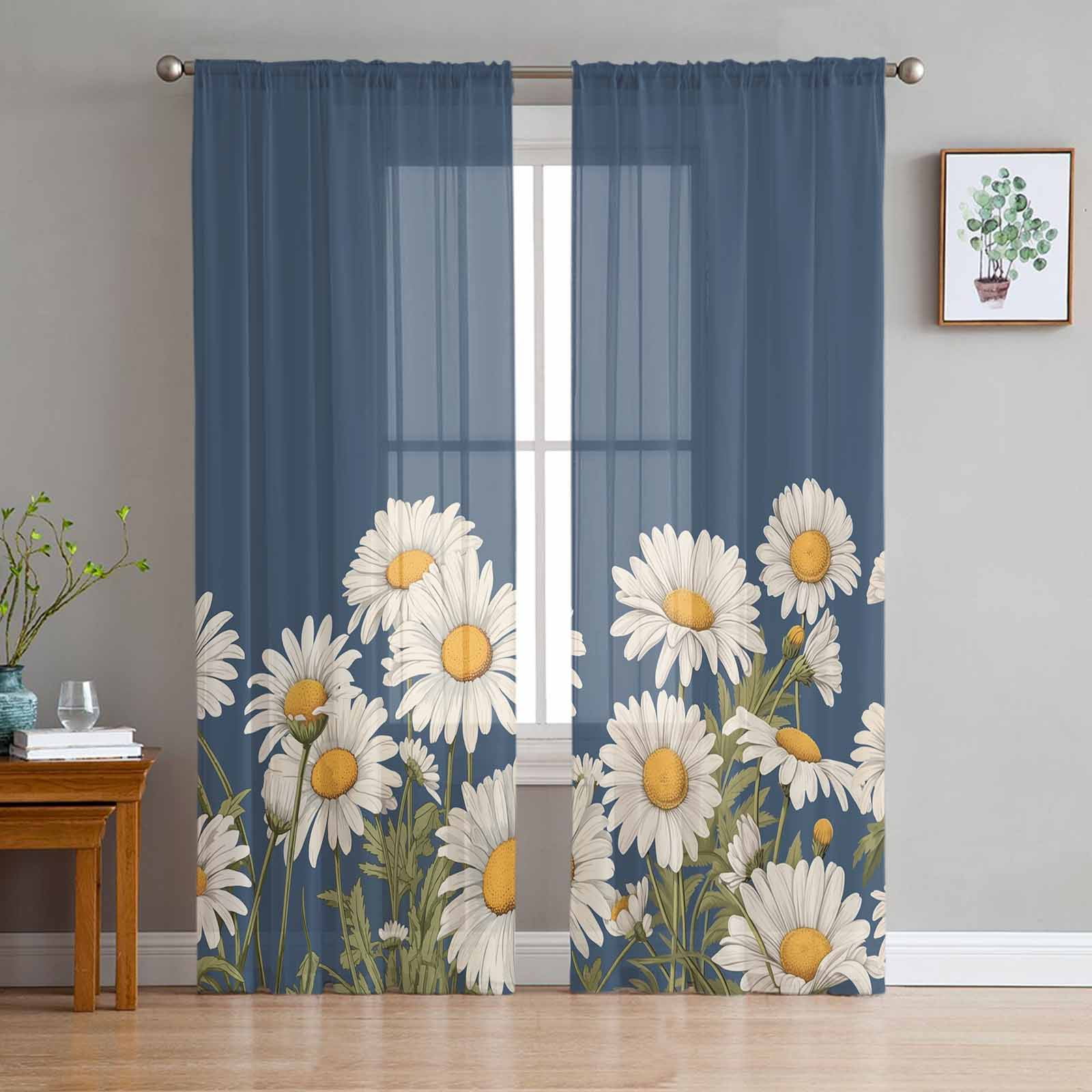 Chrysanthemum Hand Drawn Retro Sheer Tulle Curtains for Living Room ...