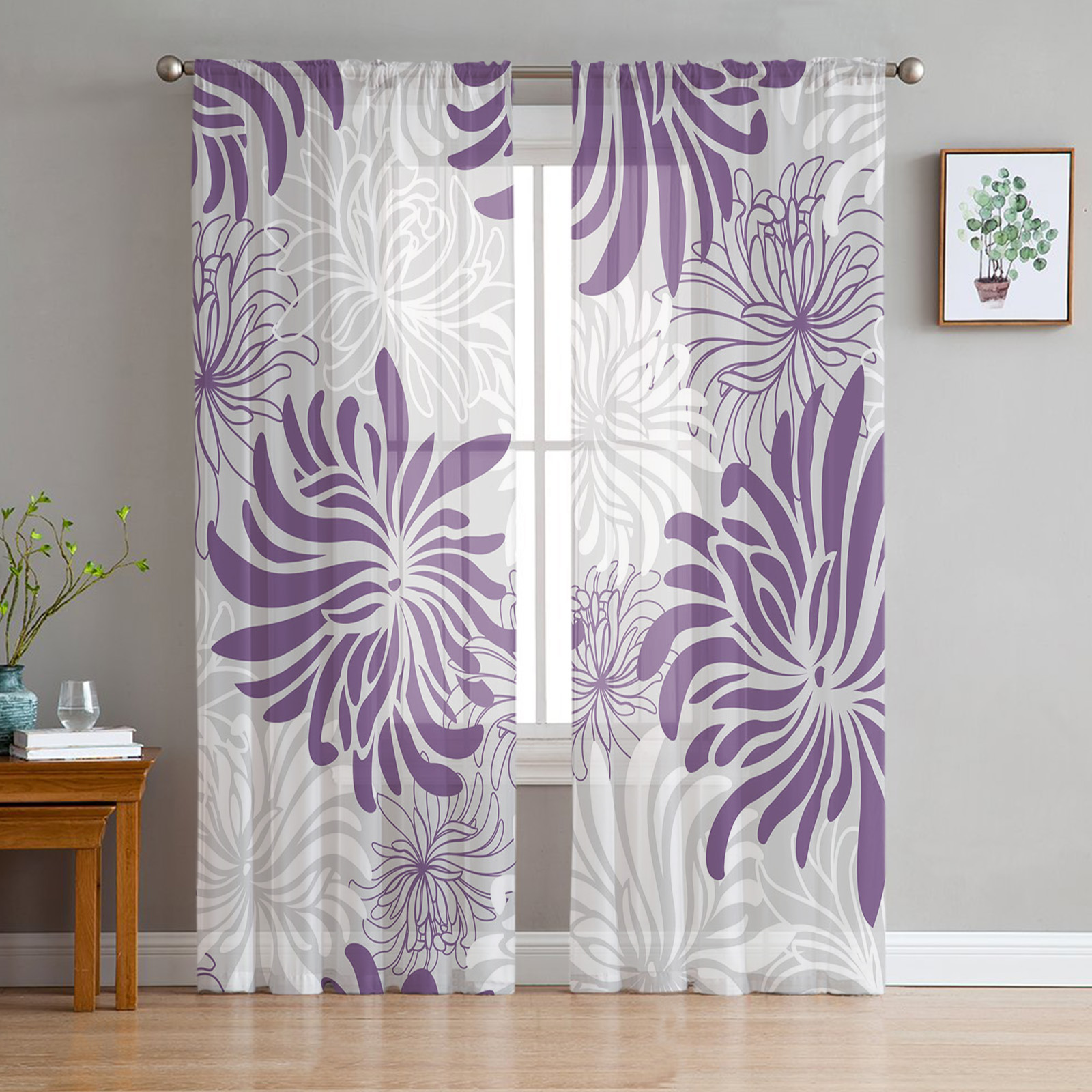 Chrysanthemum Purple Texture Tulle Sheer Window Curtains for Living ...