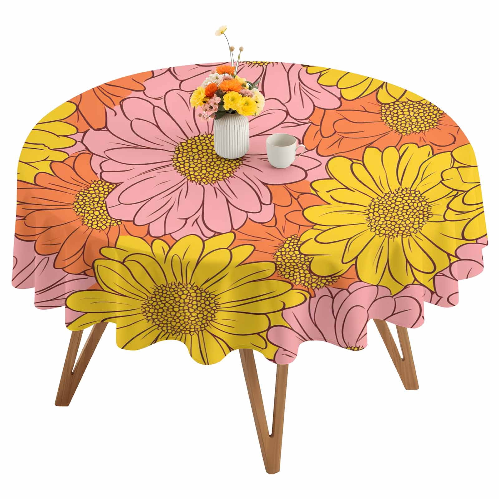 Chrysanthemum Round Tablecloth 60 inches Yellow Pink Orange Flowers ...
