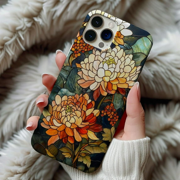 Chrysanthemum Stained Glass Art Deco Phone Case with iPhone 17 to 11 ...
