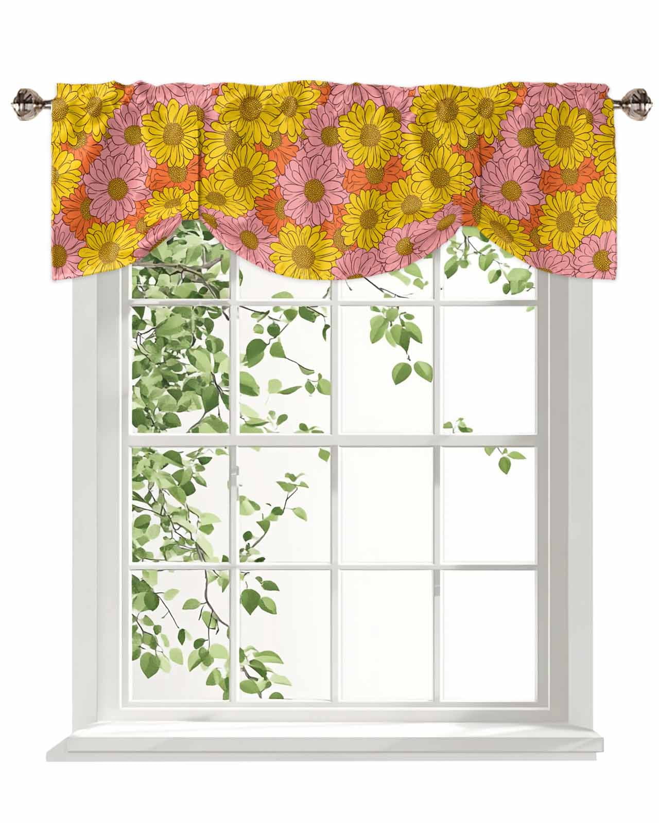 Chrysanthemum Tie Up Valances Curtain, Yellow Pink Orange Flowers ...