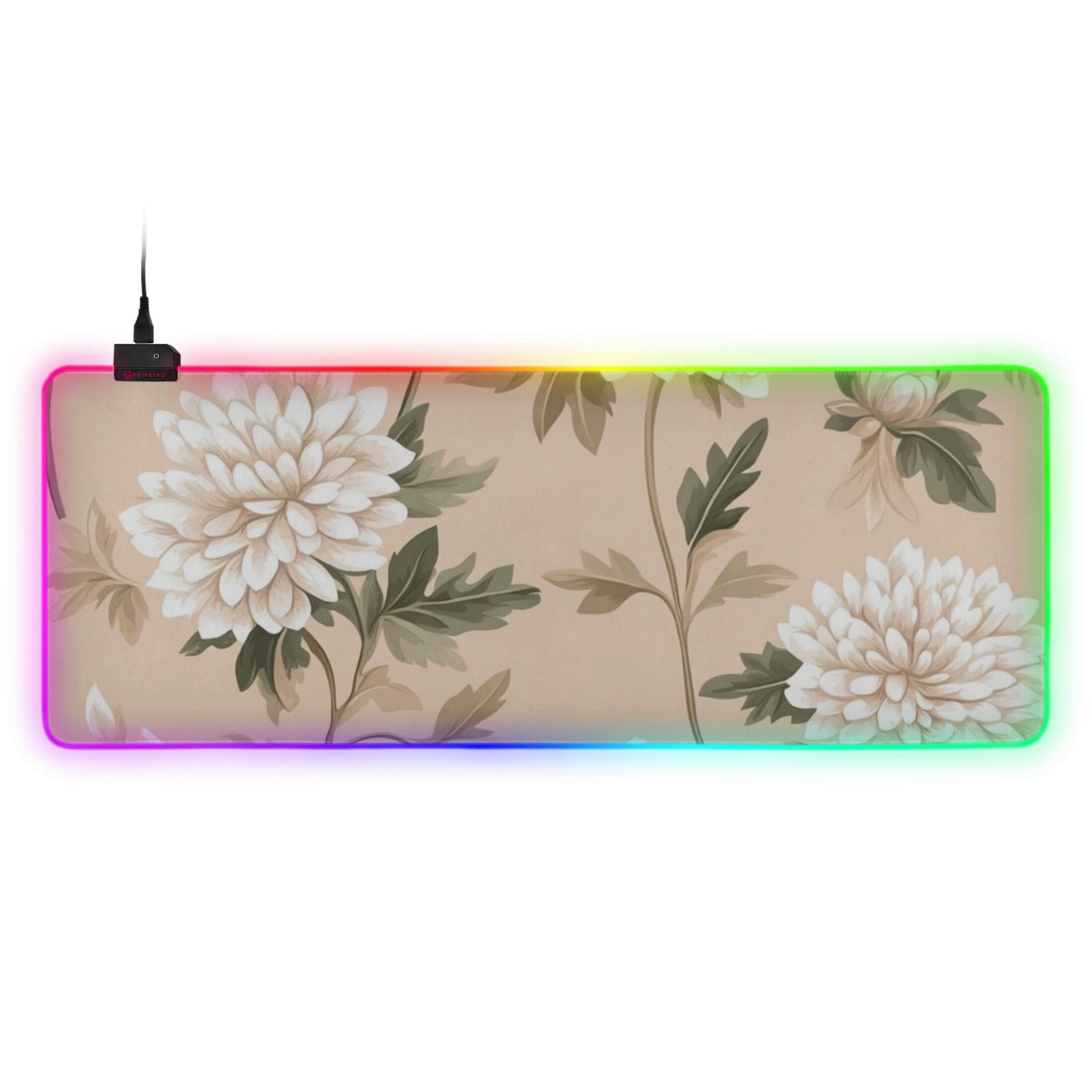 Chrysanthemum and Green Leaf Pattern RGB Gaming Mouse Pad Large ...