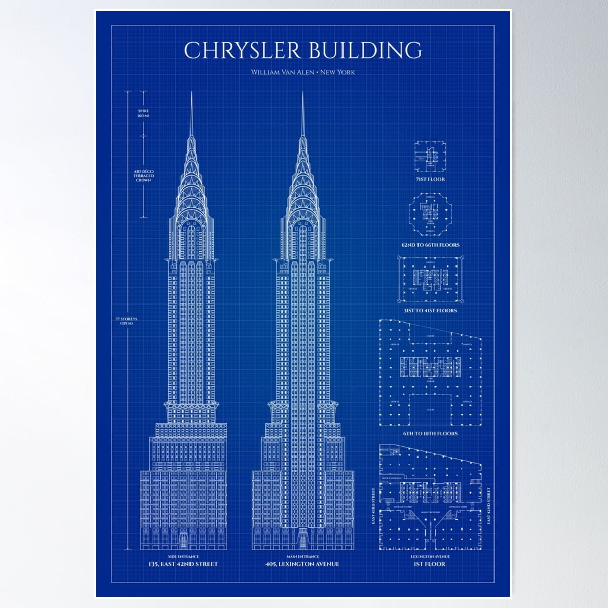 Chrysler Building (Blueprint) Poster Wall Art, Modern Wall Decor For ...