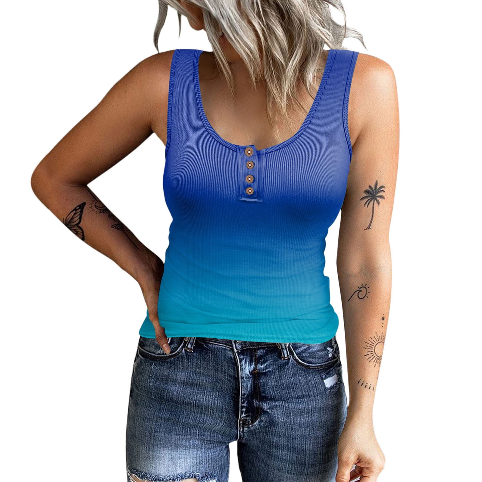 Chu Chu Womens Sexy Gradient Slim Fit Vests Low Collar Button Down Sleeveless Top Tank Vests