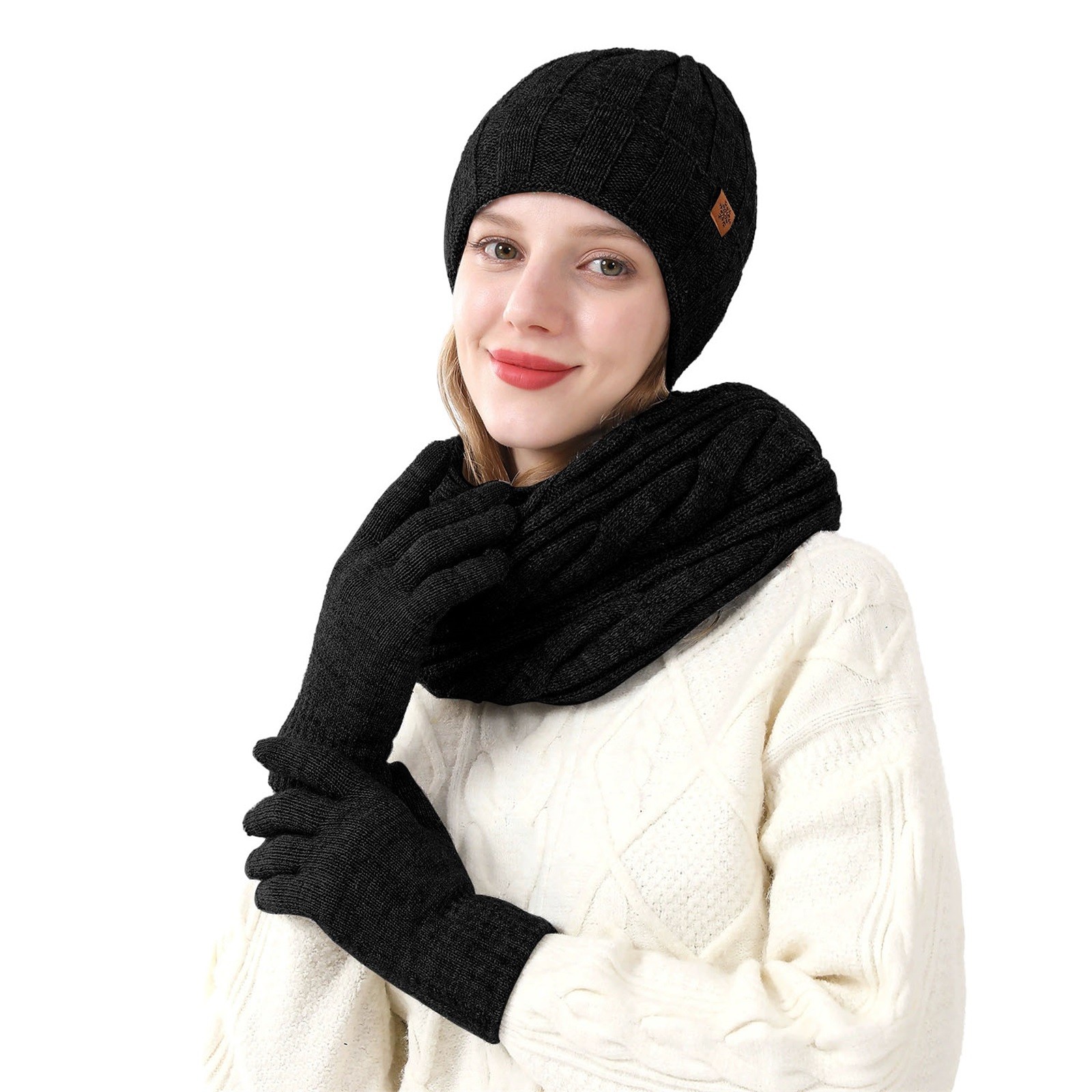 Chuancc Winter Warm Fleece Knit 3 in 1 Set, Pompom Beanie Skull Cap ...