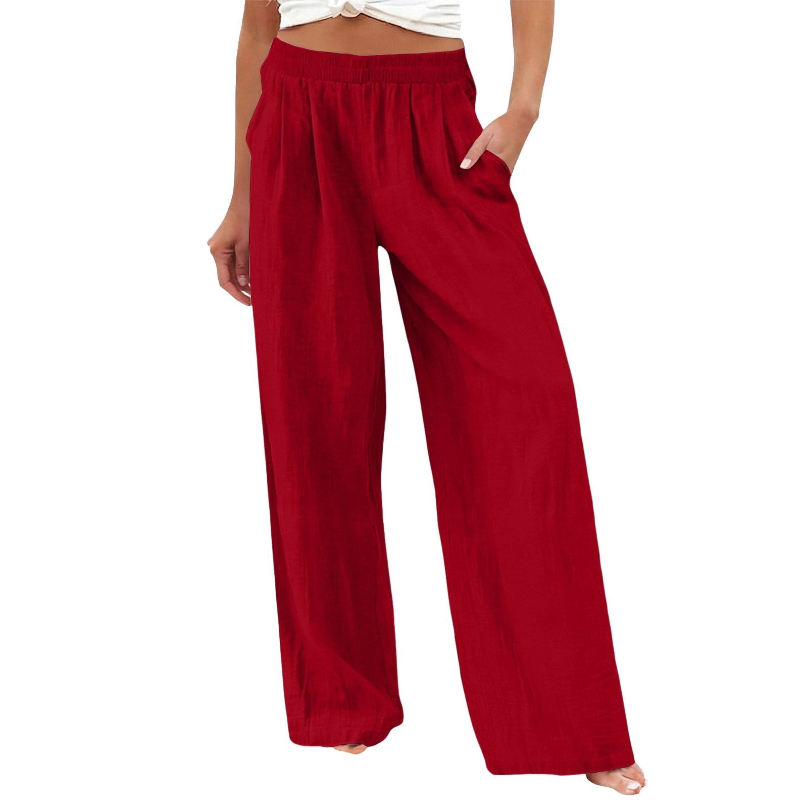 Chuancc Women Summer High Waisted Cotton Linen Palazzo Pants Wide Leg ...