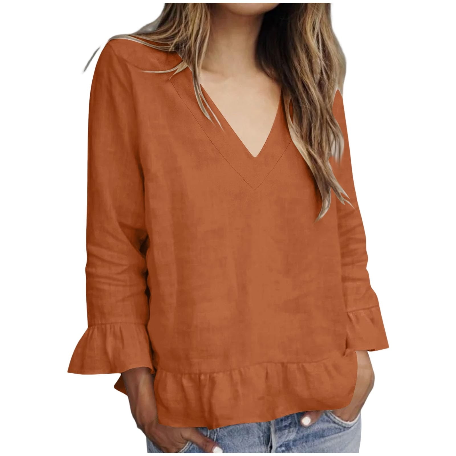 Chuancc Women's Solid Color Ruffle V Neck Long Sleeve T Shirt Loose ...