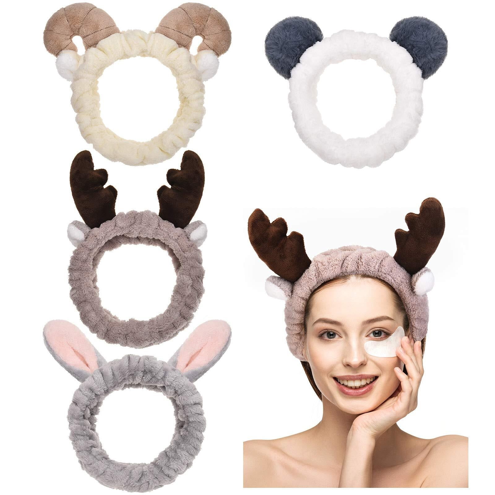 Chuangdi 4 Pcs Animals Ears Headbands Cute Spa Fuzzy Headband Elastic Face Washing Turban Hair ...