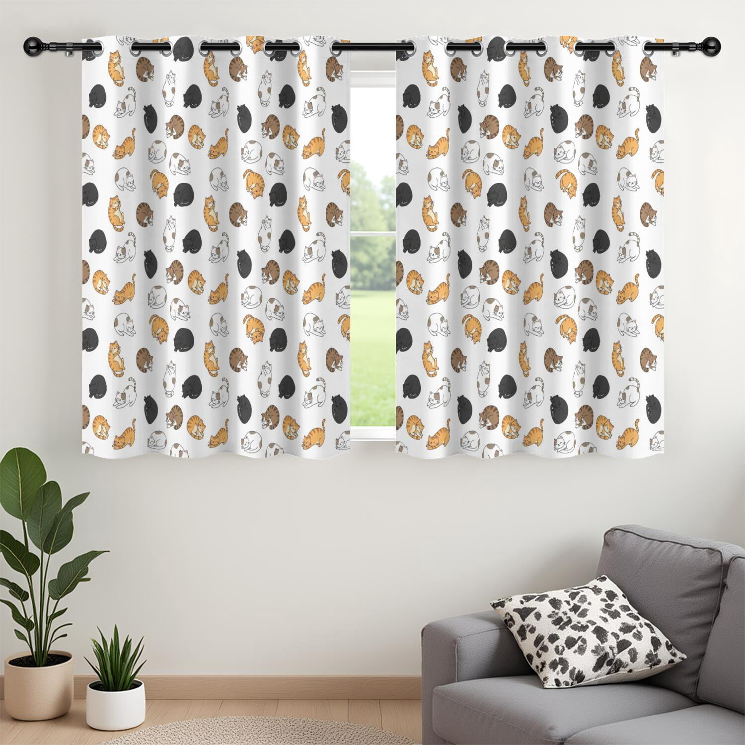 Chubby Cat White Pattern Blackout Curtains,Triple Weaved Fabric,Thermal ...