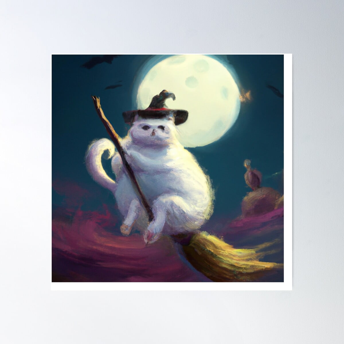 Chubby White Cat Wizard Poster Wall Art, Modern Wall Decor For Living ...