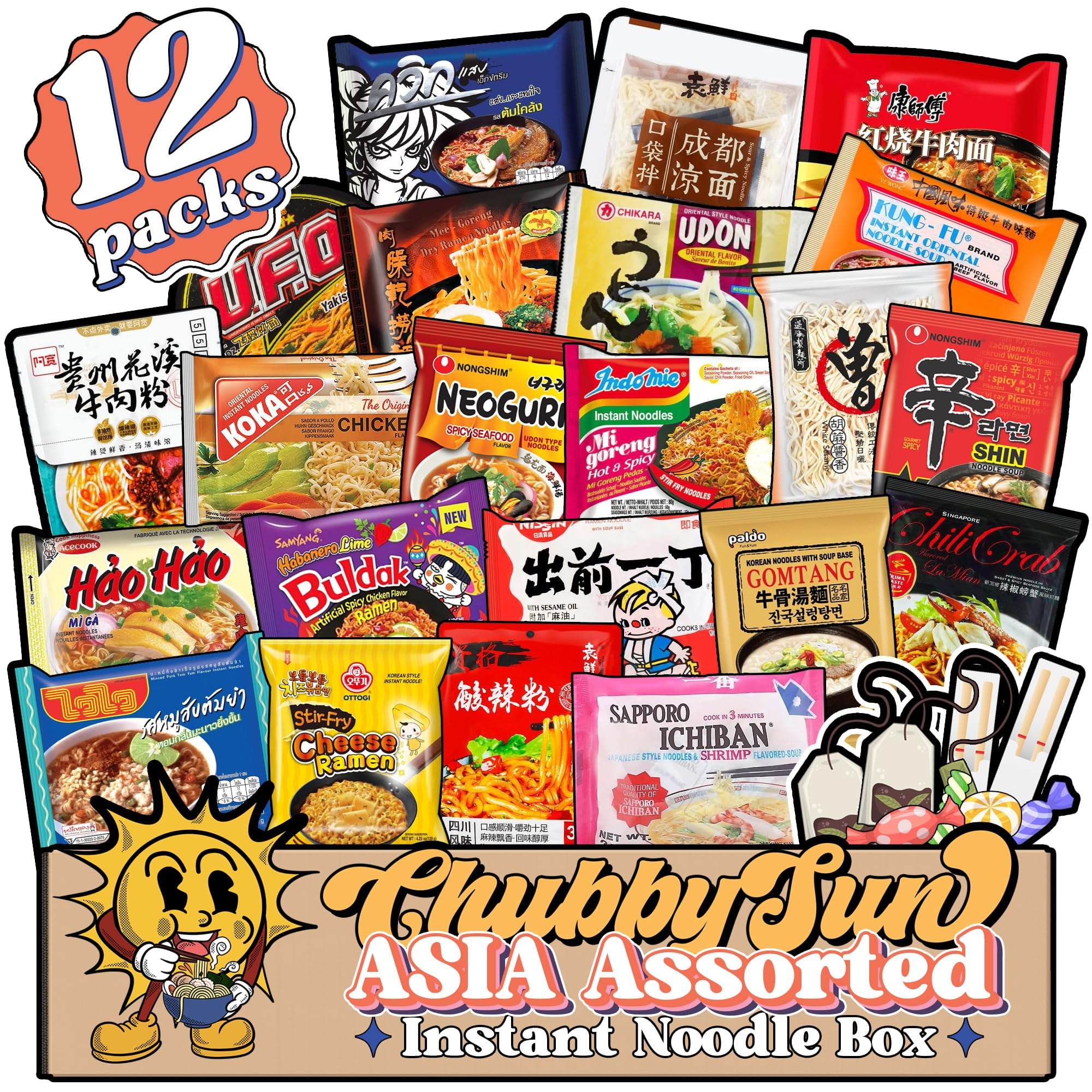 ChubbySun Asian Instant SCH4 Noodle Ramen Spicy & Non-Spicy Variety ...