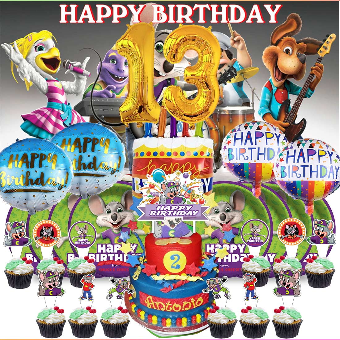 Chuck E Cheese 13th Tableware Balloons Cake Toppers Backdrop Banner ...