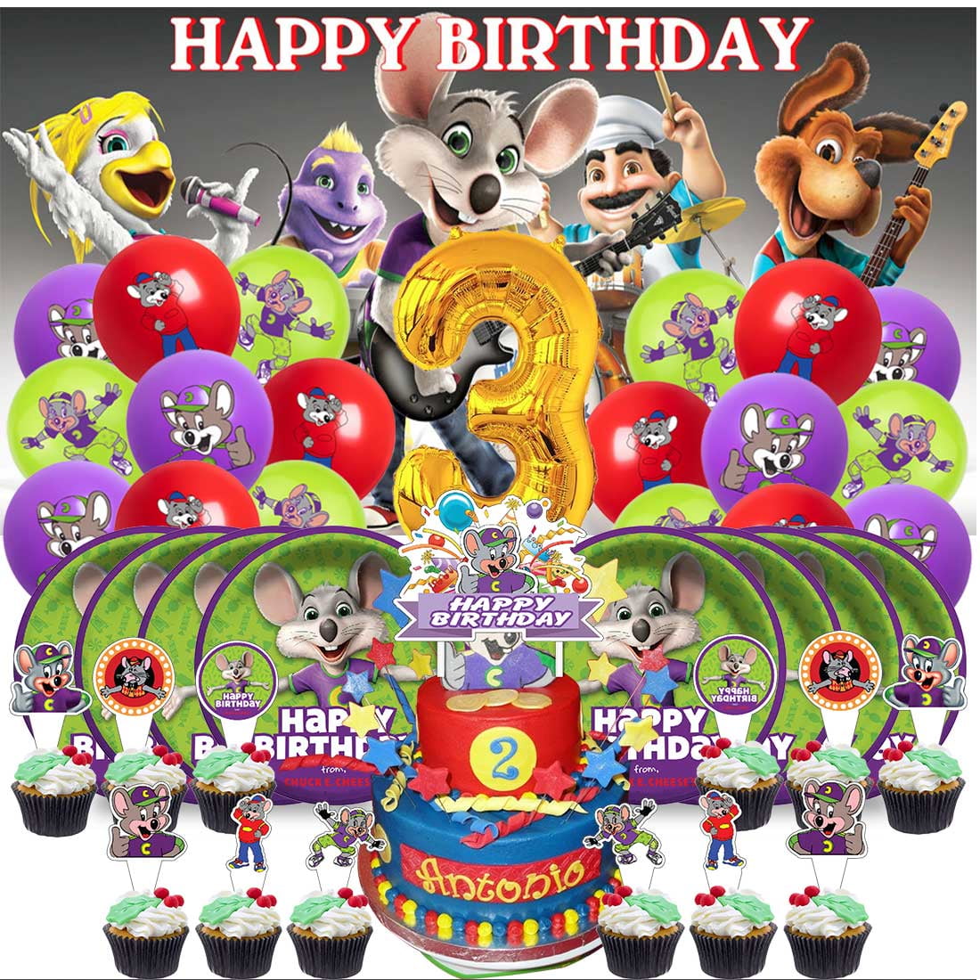 Chuck E Cheese Balloons Party Supplies 3rd Decor Tableware Birthday Cake Topper Decorations ...