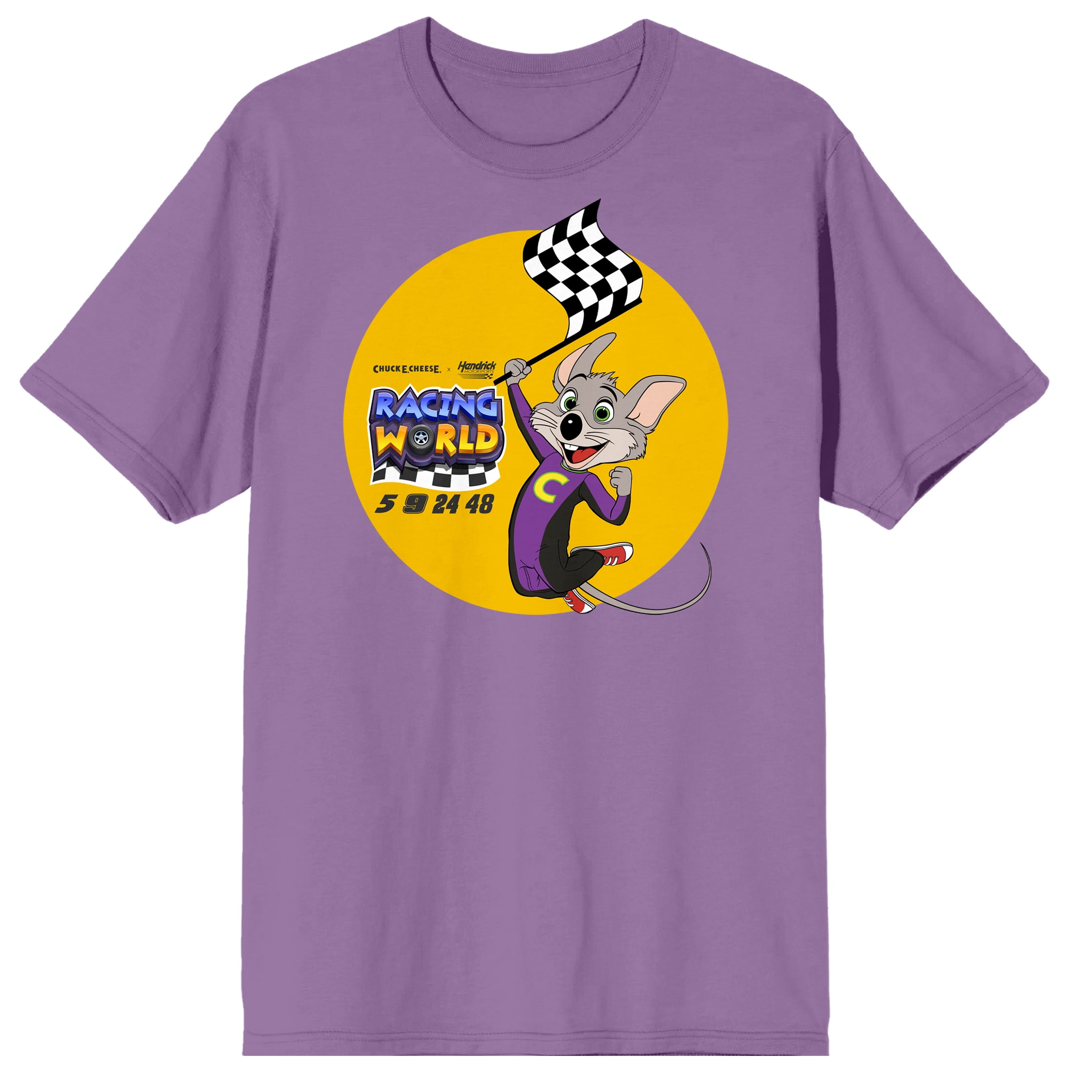 Chuck E. Cheese Character Waving Checkered Flag Crew Neck Short Sleeve ...