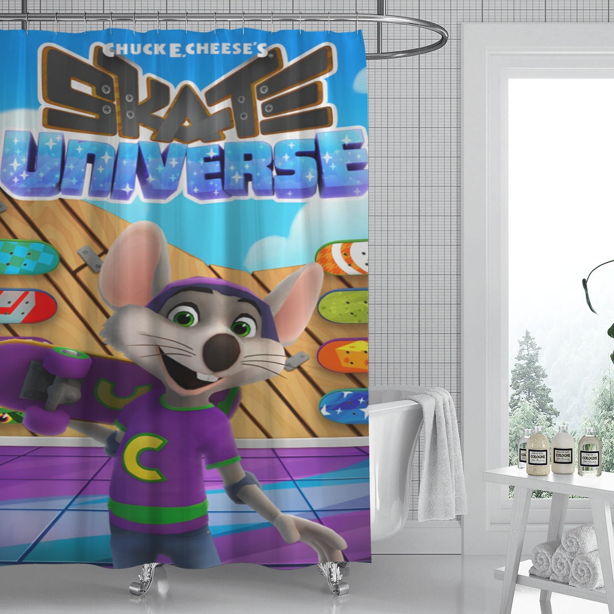 Chuck E Cheese shower curtain boasts a stunning motif, is waterproof ...