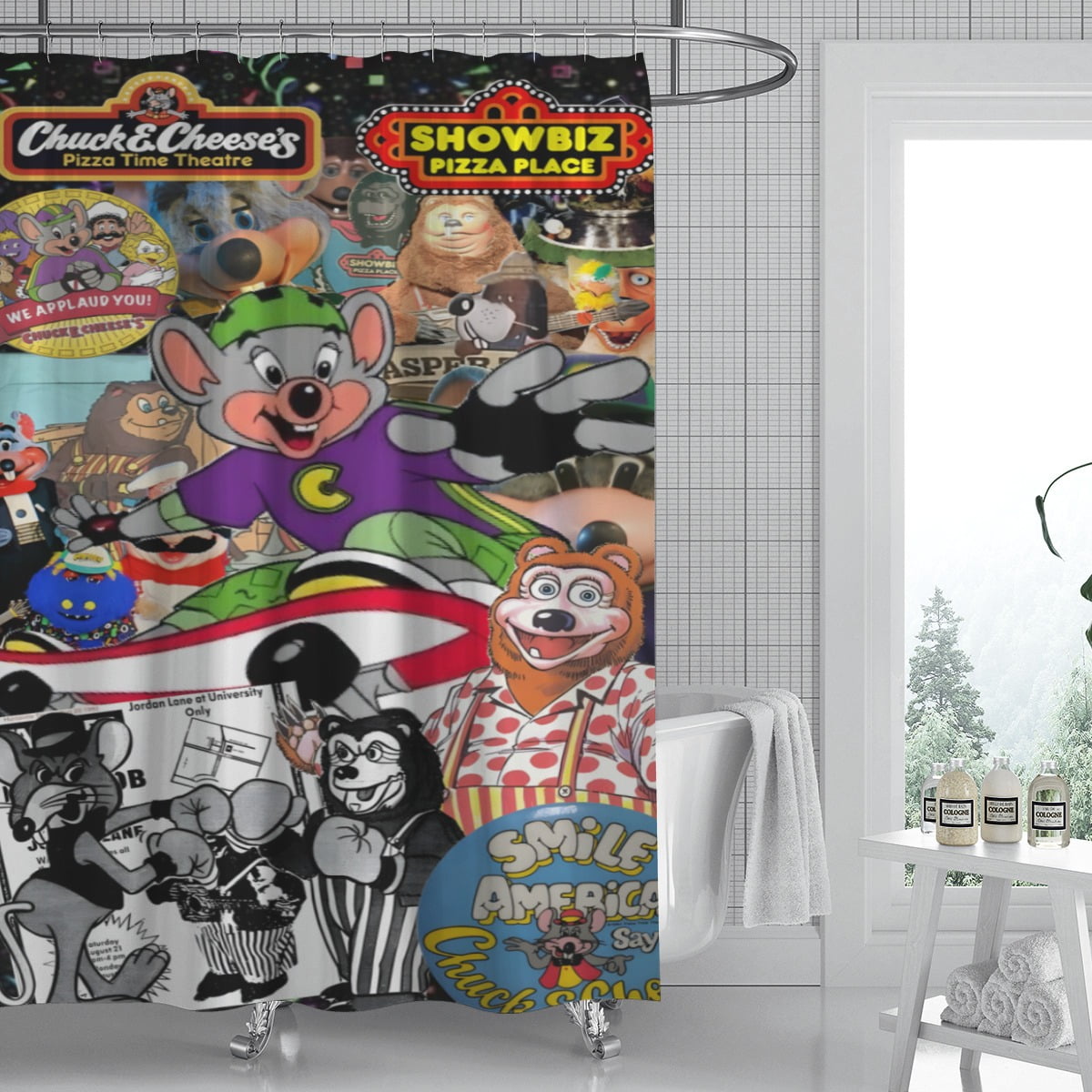 Chuck E Cheese shower curtain presents a beloved design, is waterproof ...
