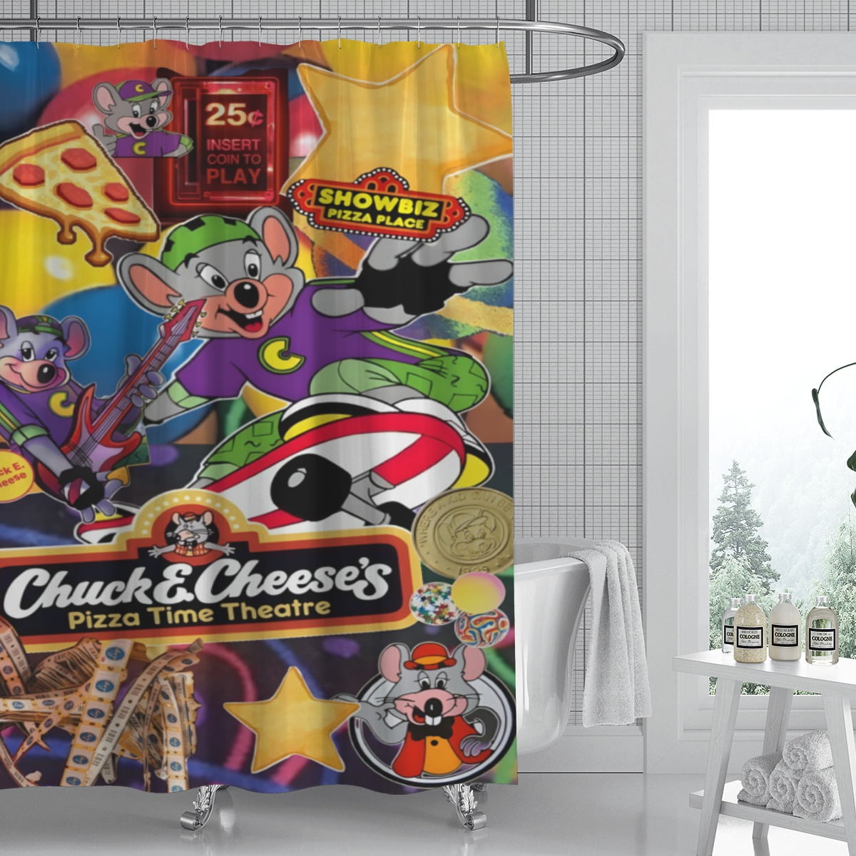 Chuck E Cheese shower curtain showcases an iconic artwork, is ...