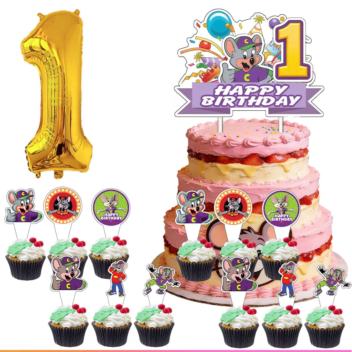 Chuck e Cheese 1st Party Supplies Decoration Cake Topper Cupcake Big ...