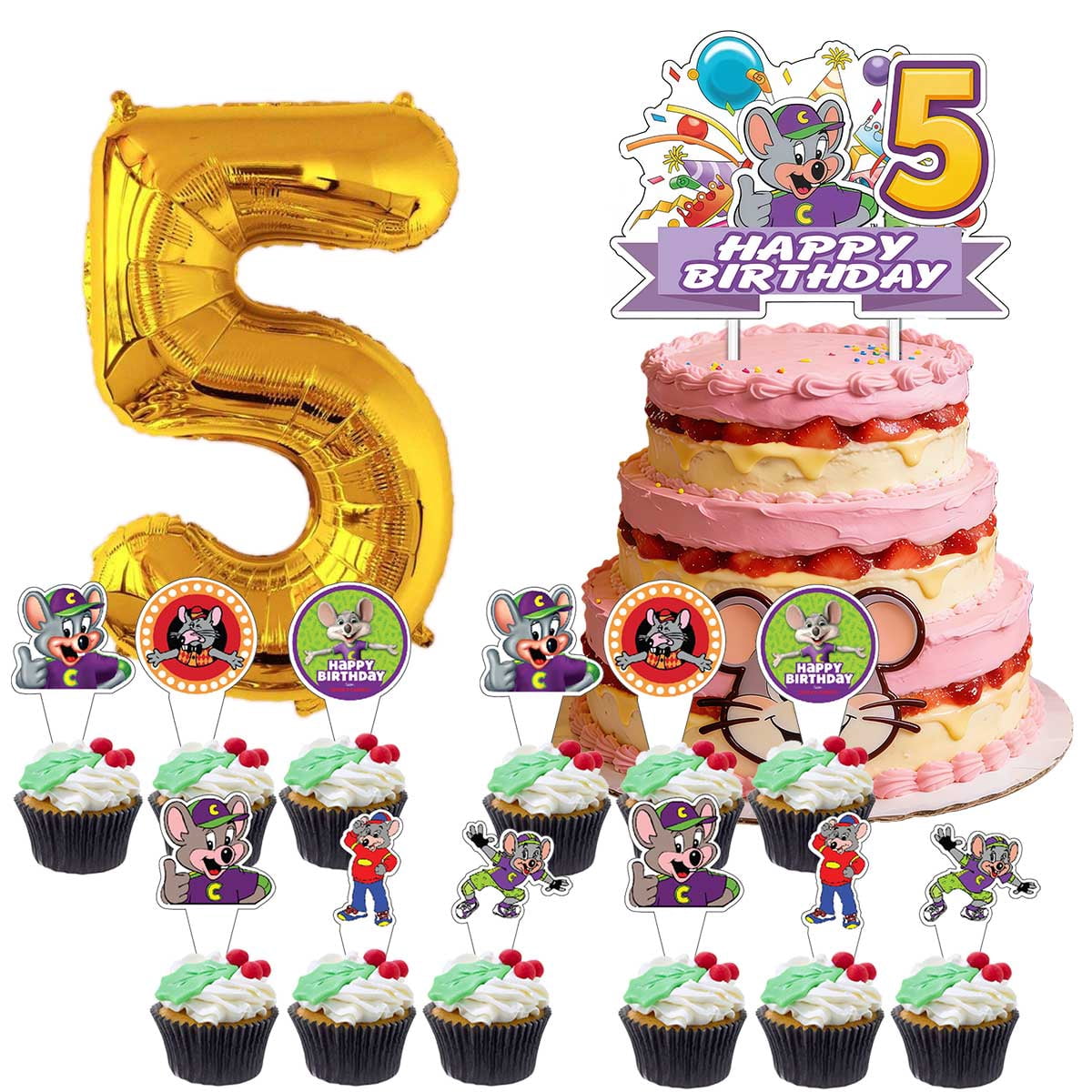 Chuck e Cheese 5th Party Supplies Decoration Cake Topper Cupcake Big ...
