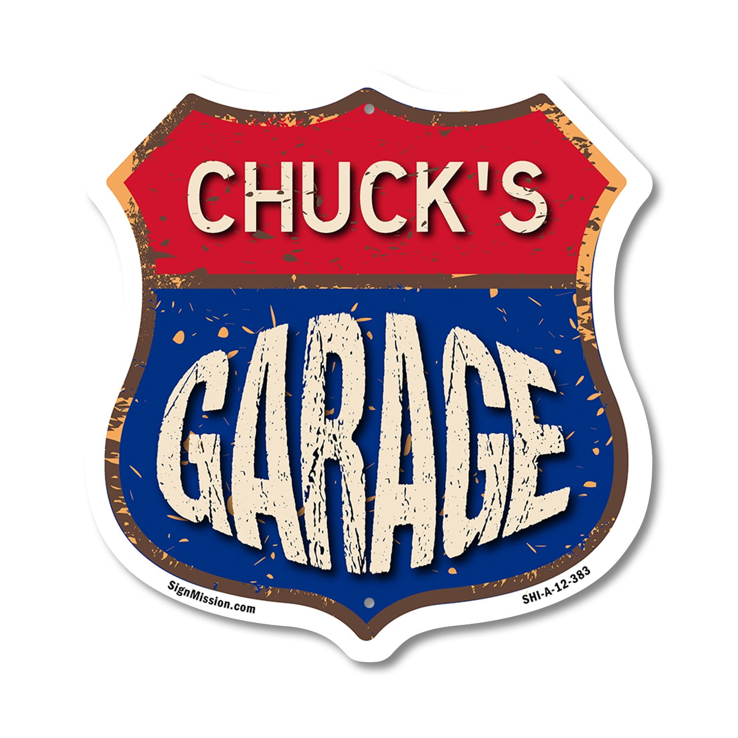 Chuck's Garage 12 inch X 12 inch Shield-Shaped Rust-Free Aluminum Metal Sign Weather Resistant ...