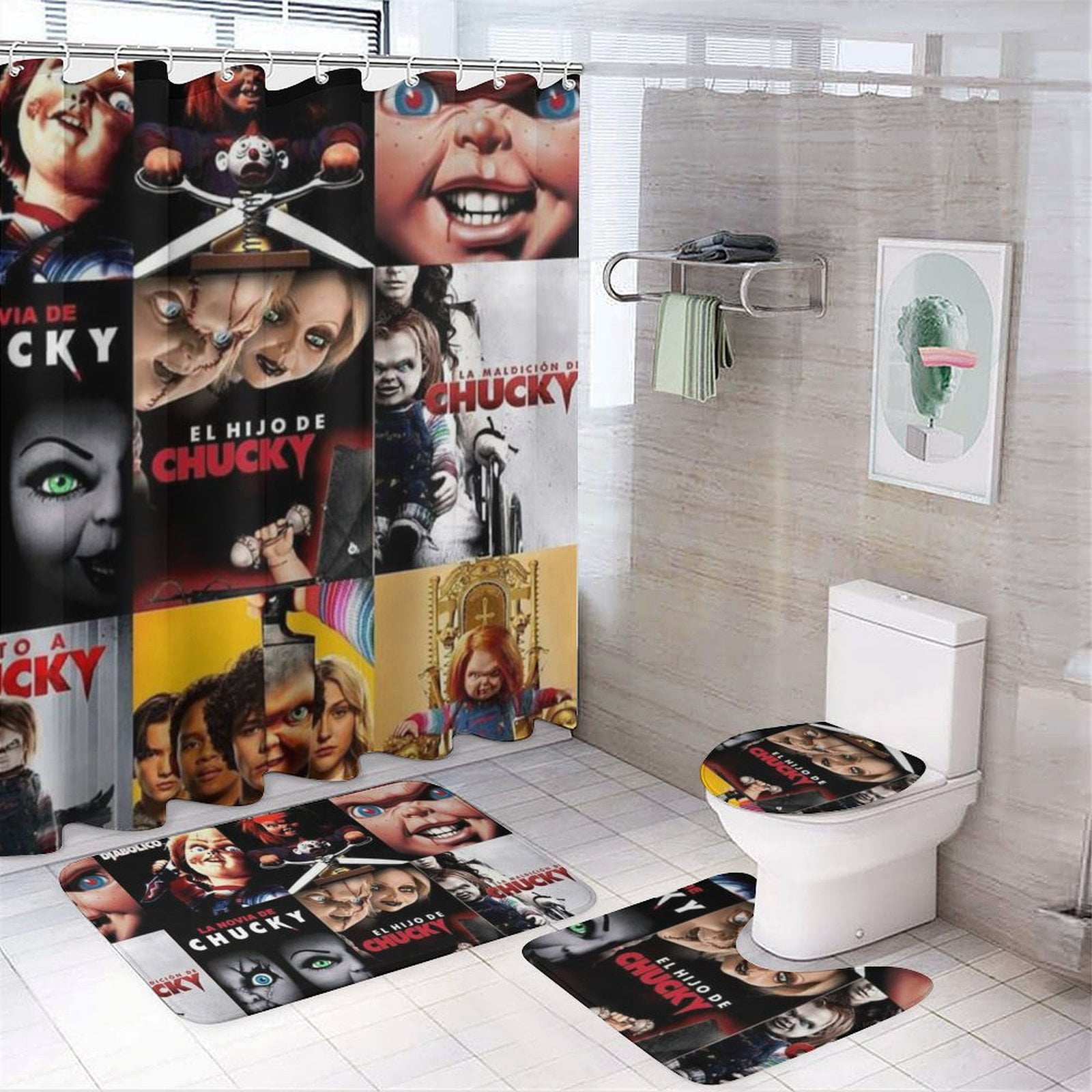 Chucky 4 Pieces Shower Curtain Set With 12 Hooks, Non-Slip Rug, Toilet ...