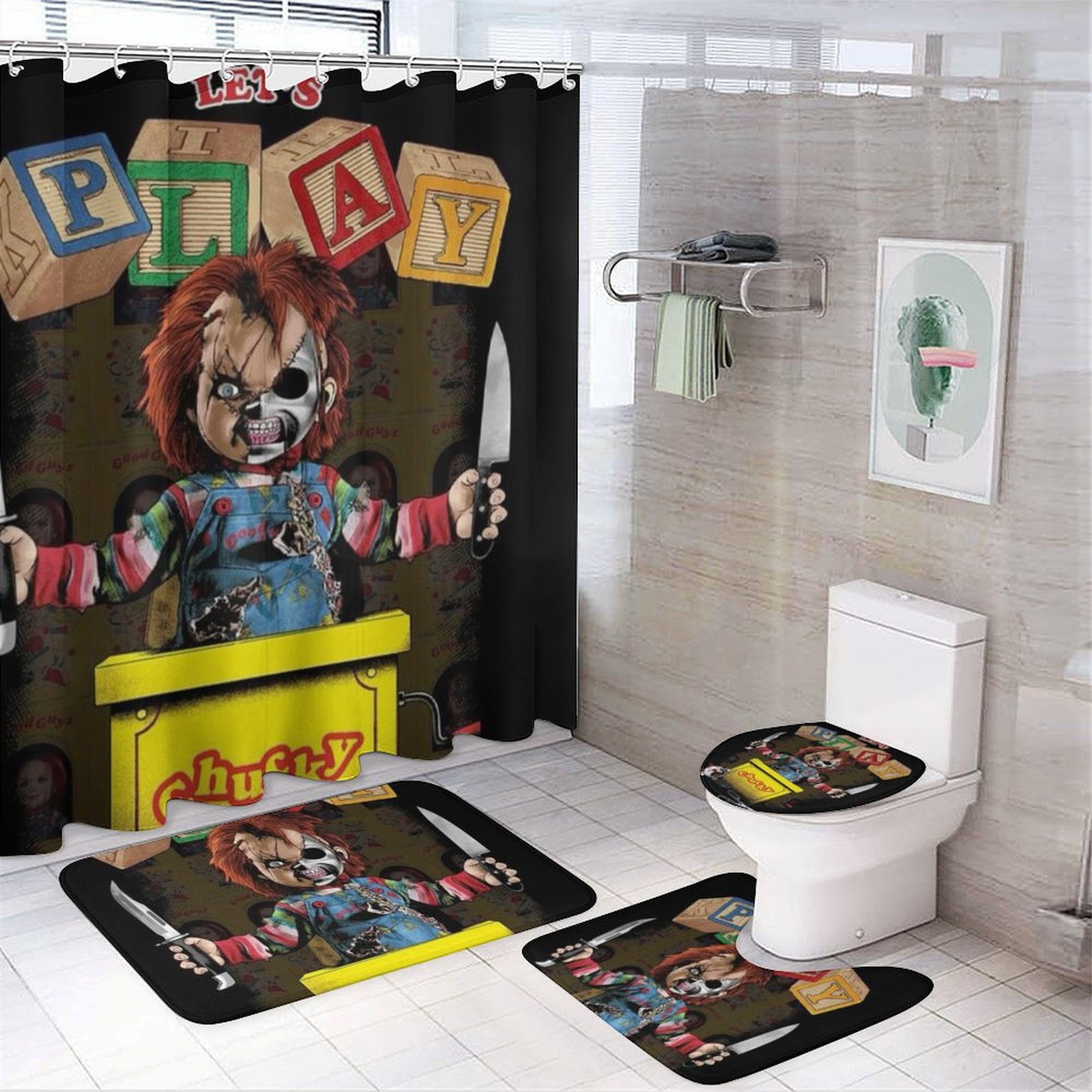 Chucky Shower Curtain Sets 4 Piece Bathroom Set Shower Curtain Non-Slip ...