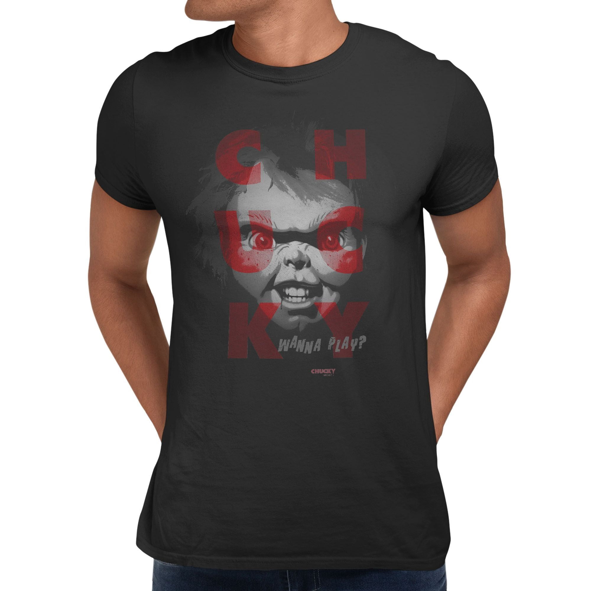 Chucky Wanna Play Red Letters Horror Men's Graphic T-Shirt (Black, S ...