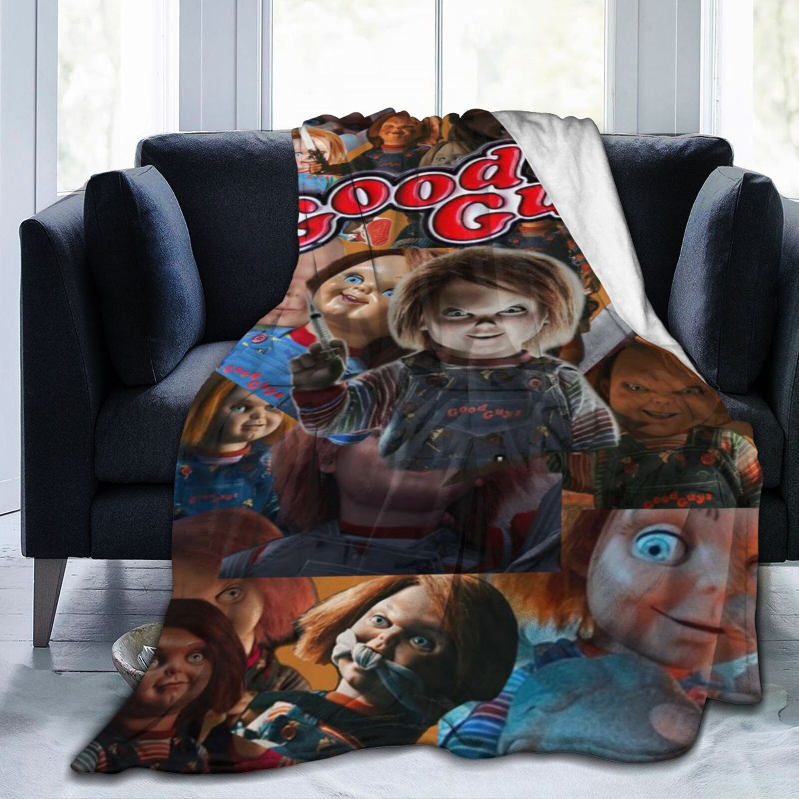 Chucky themed flannel blanket with anime cartoon horror pattern design ...