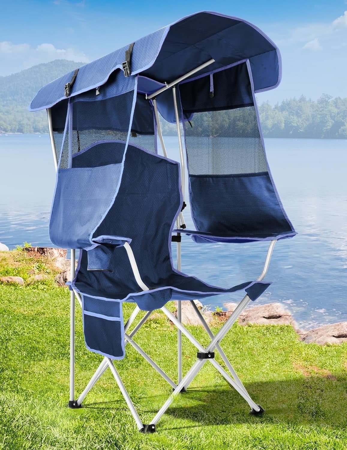 Chumajor Beach Chair with Canopy Shade, Folding Nylon Camping Chair ...