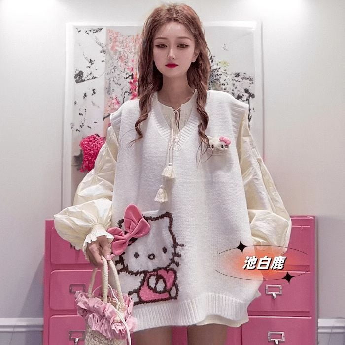 ChunLiang Hello Kitty Jacquard Knitted Sweaters Bow Decoration V-neck ...