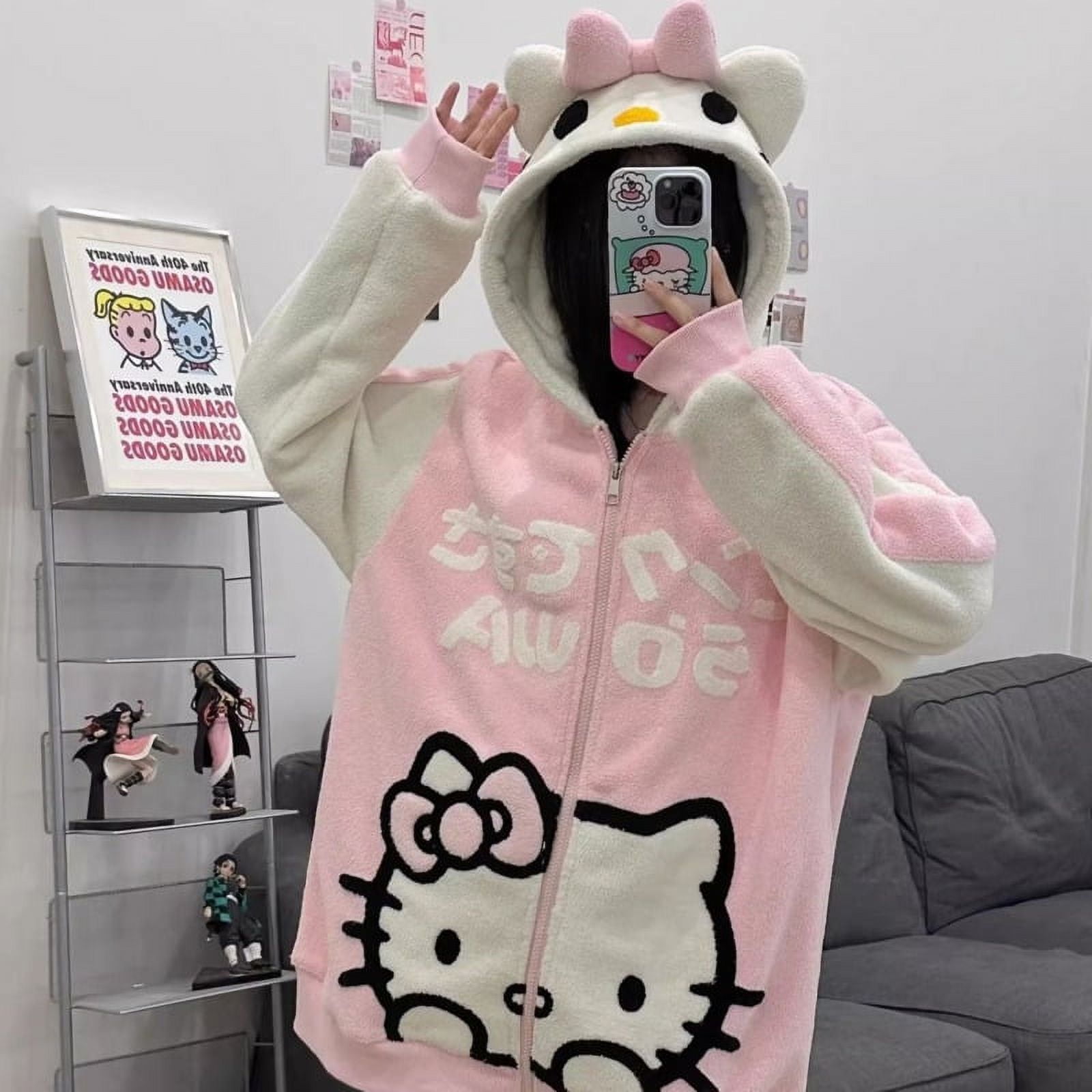 ChunLiang Sanrio Hello Kitty Embroidered Cartoon Hooded Coat Y2k Sweet Cute Zip-up Jacket for ...