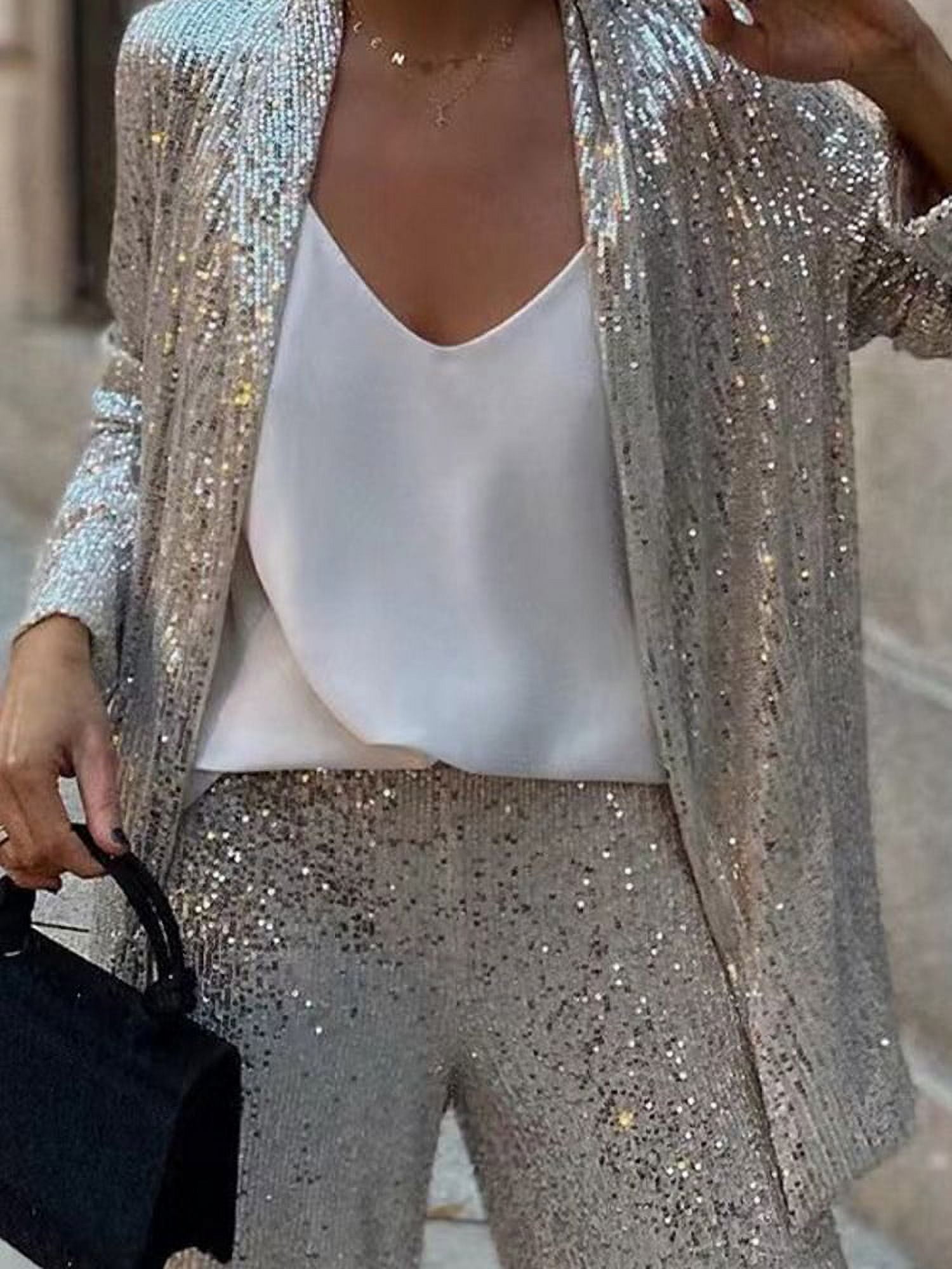 ChunLiang Women Sequined Jacket Flare Pant Suit 2023 Winter Street Long Sleeve Coat Wide Leg ...