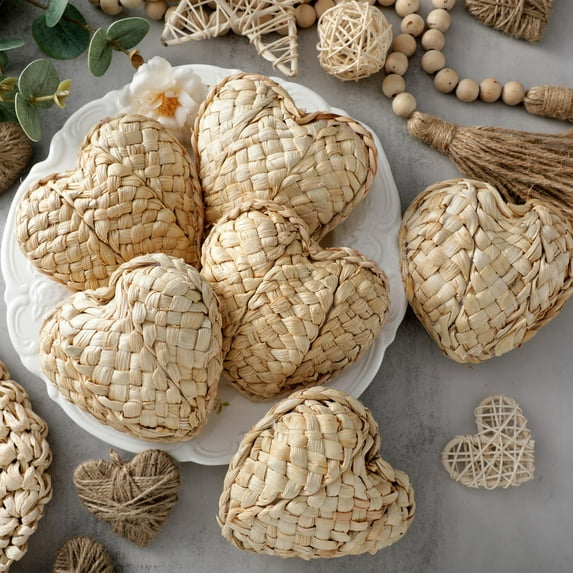 Chunful 6 Pcs Rustic Valentine's Day Rattan Heart Ornaments Boho ...