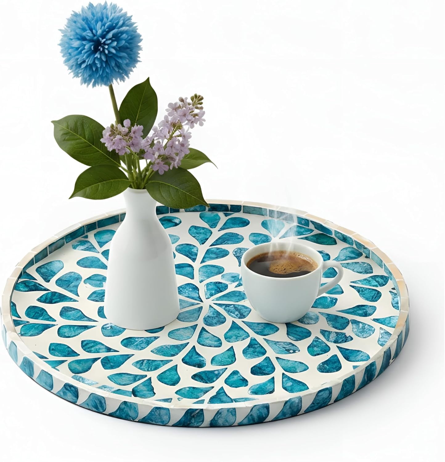 Chunful Mother of Pearl Round Serving Tray 10 Inch Wood Coffee Table ...