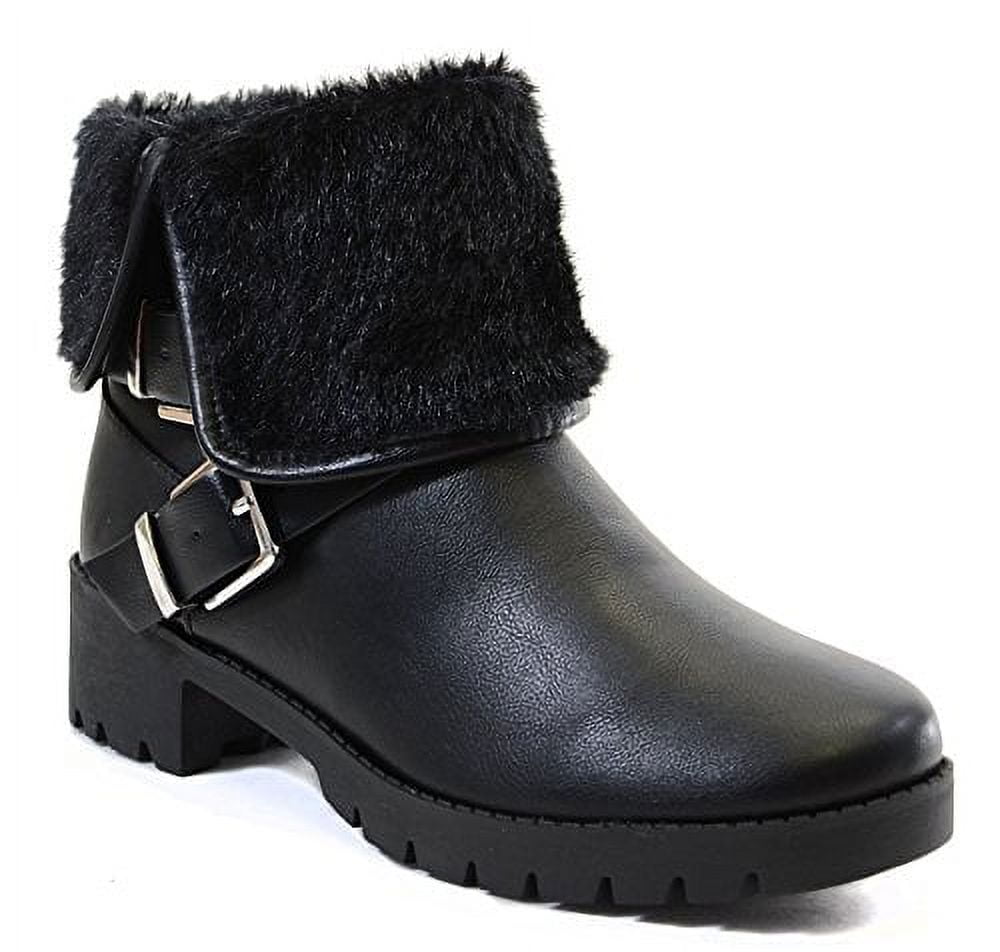 Chunky Buckle Shearling Fur Fold Over Combat Lug Vegan Women's Boots ...