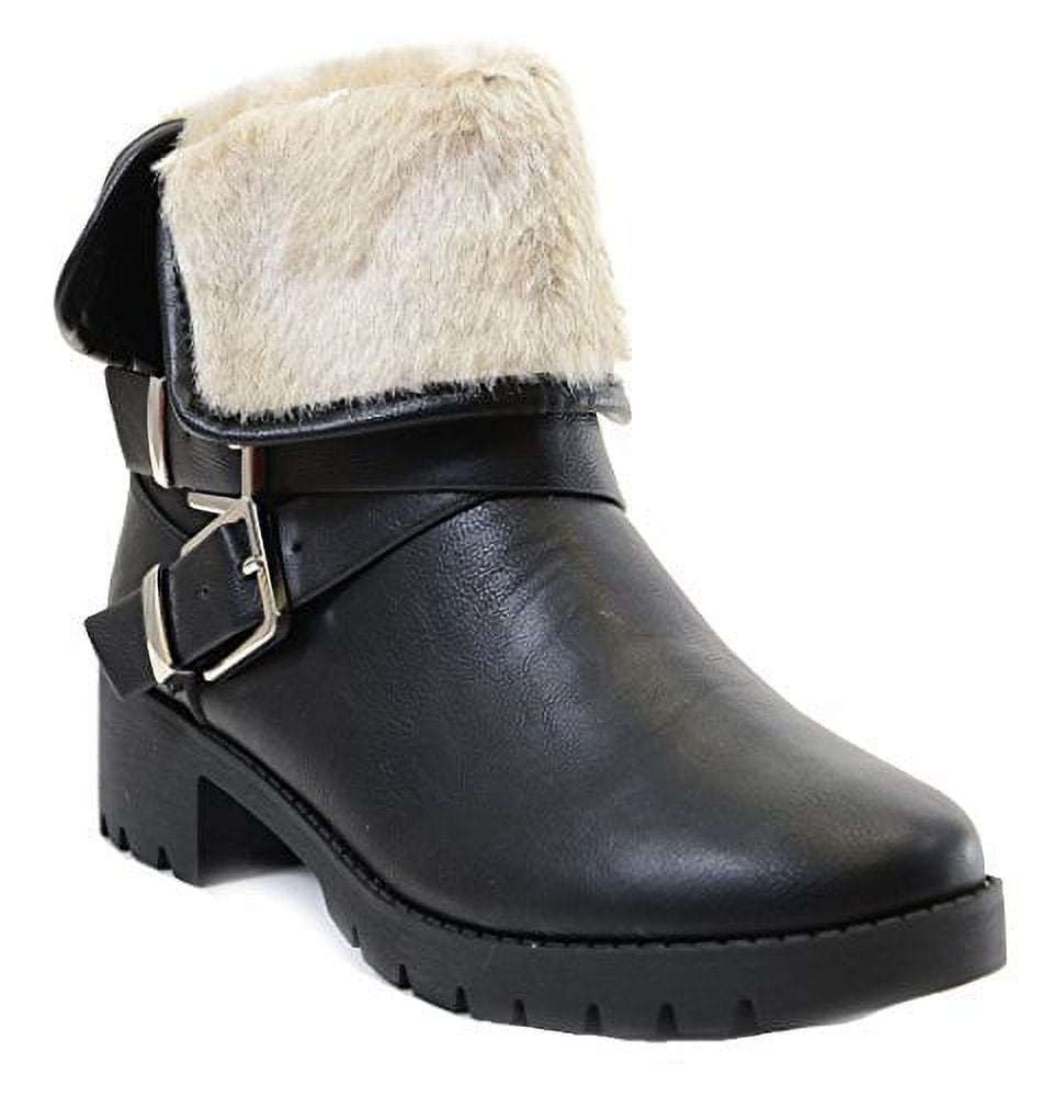 Chunky Buckle Shearling Fur Fold Over Combat Lug Vegan Women's Boots ...