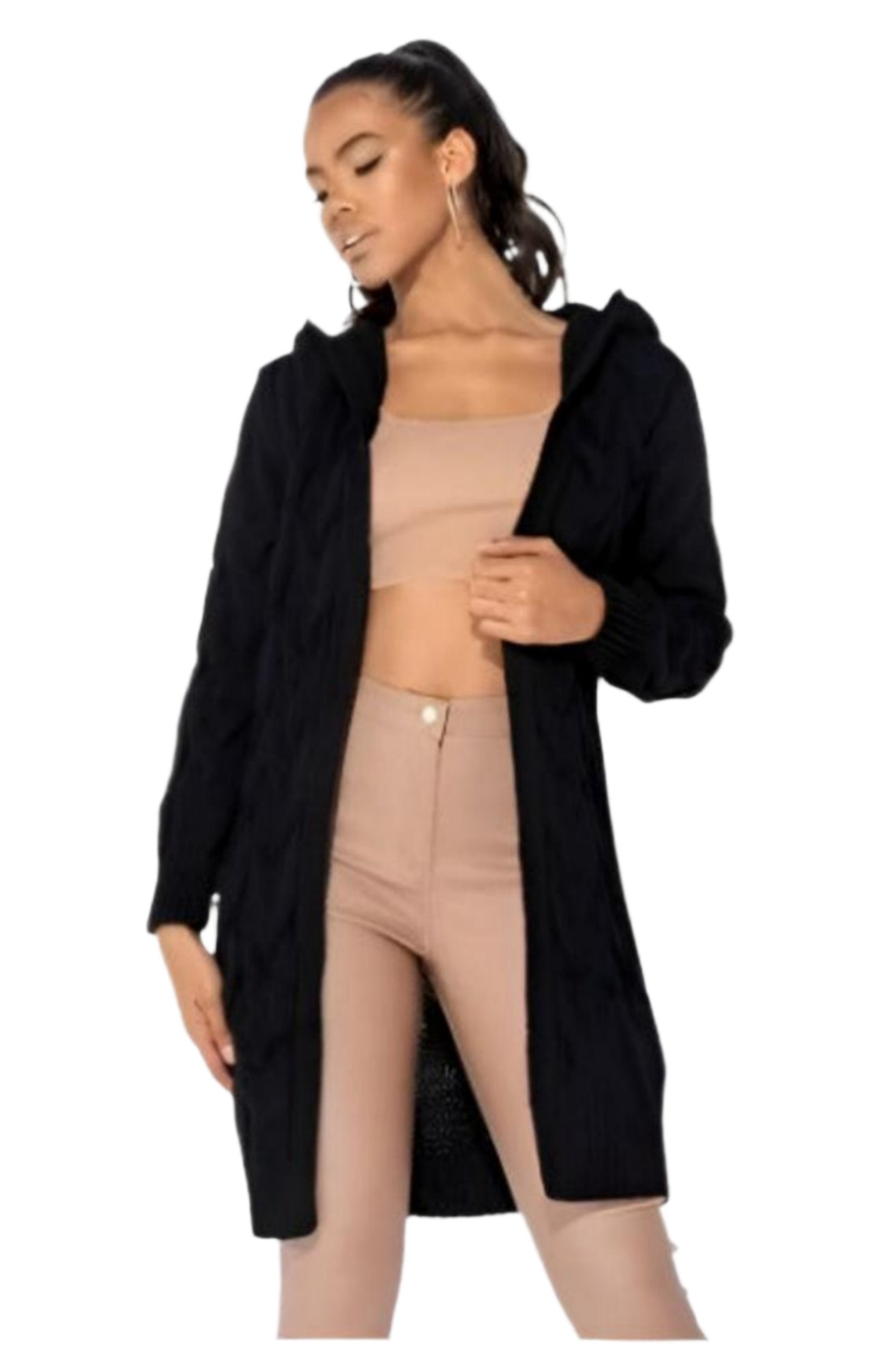 Chunky Cable Knit Hooded Edge To Edge Midi Cardigan - Walmart.com