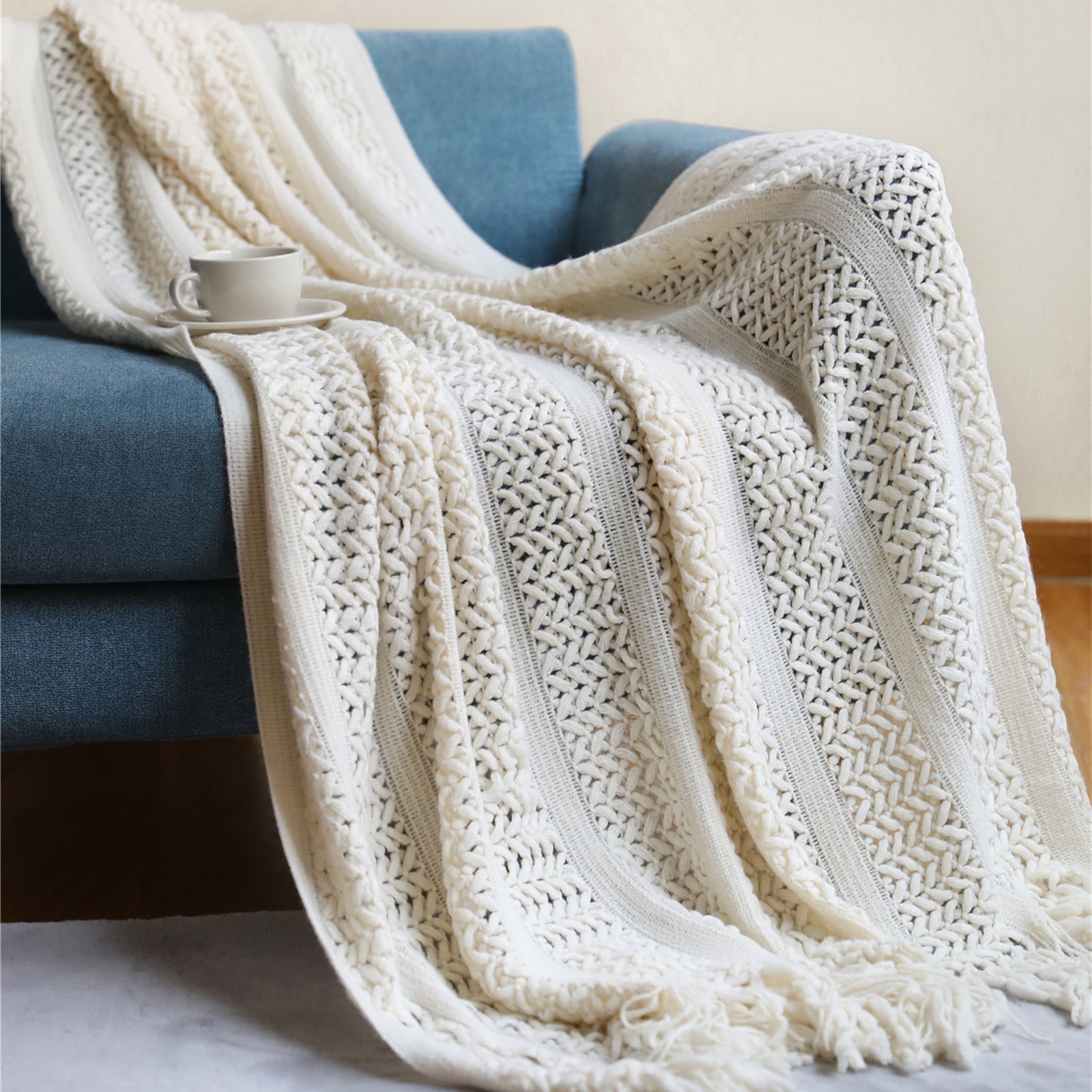 Chunky Cable Knit Throw Blanket for Couch and Bed, Lightweight Soft ...