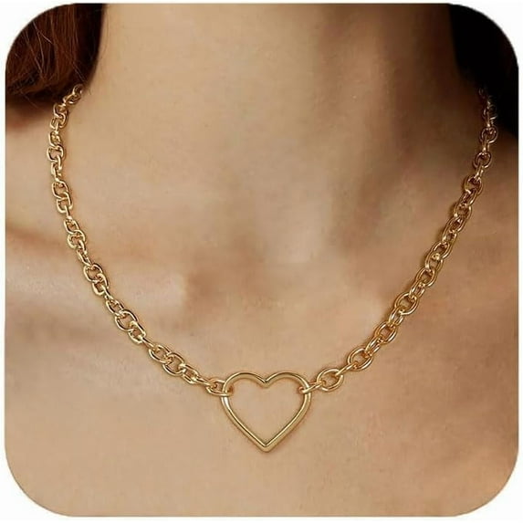 Chunky Chain Gold Heart Pendant Necklace And Two Tone Heart Pendant ...