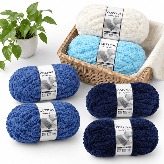 Chunky Chenille Yarn 8 Pack, Cream & Sky Blue & Country Blue & Navy ...