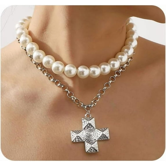 Chunky Cross Pearls Choker Necklaces Set for Women Layered Gold Cross ...